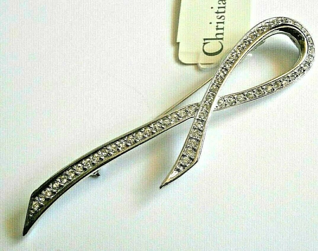 Christian Dior Pin Brooch Signed Rhodium Plated Set With Clear Crystals ...