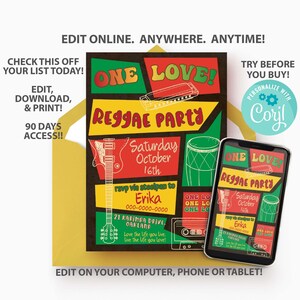 Reggae Party Invitation, Jamaican Birthday Invite, One Love Rasta ...