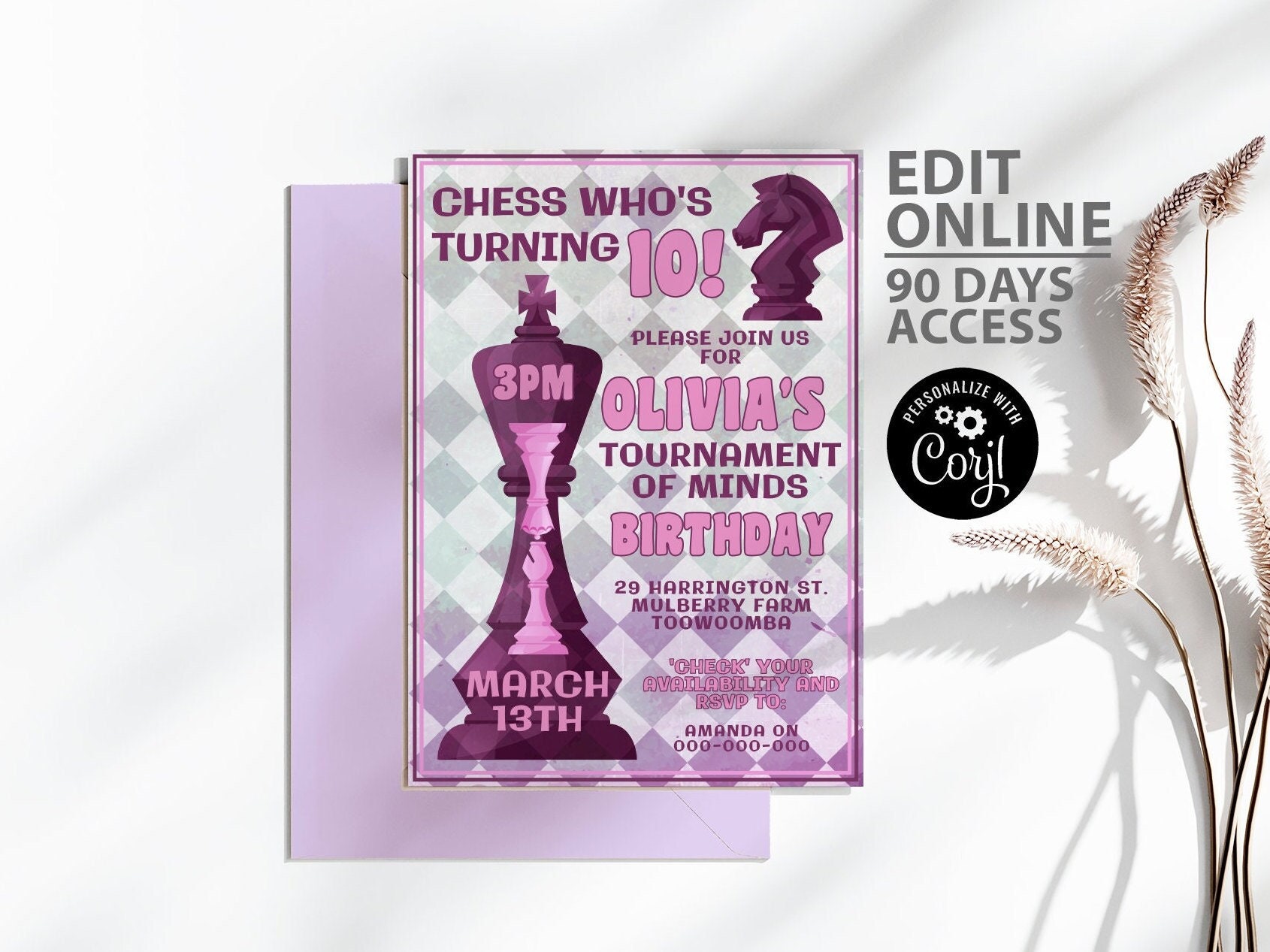 Girl Chess Board Birthday Invitation Template, Pink Chess Set Invite ...