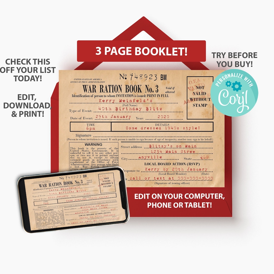 1940s Wedding Invitation, Ration Book Party Invitation Template ...