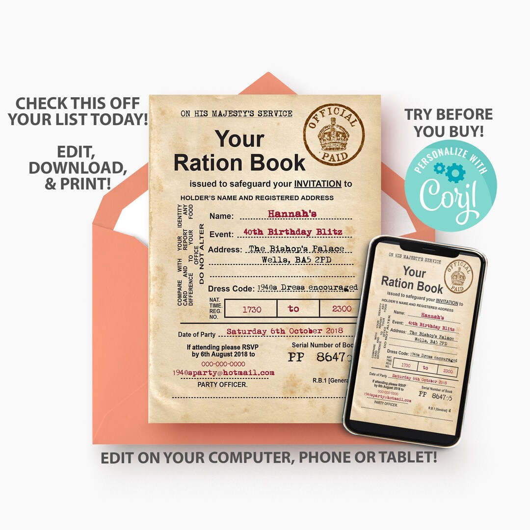 1940s British Ration Book Invitation, 90th Birthday Invitations, 1940s ...
