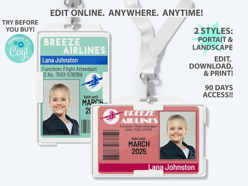 Flight Attendant ID Badge Pretend Play Airline Uniform Name | Etsy