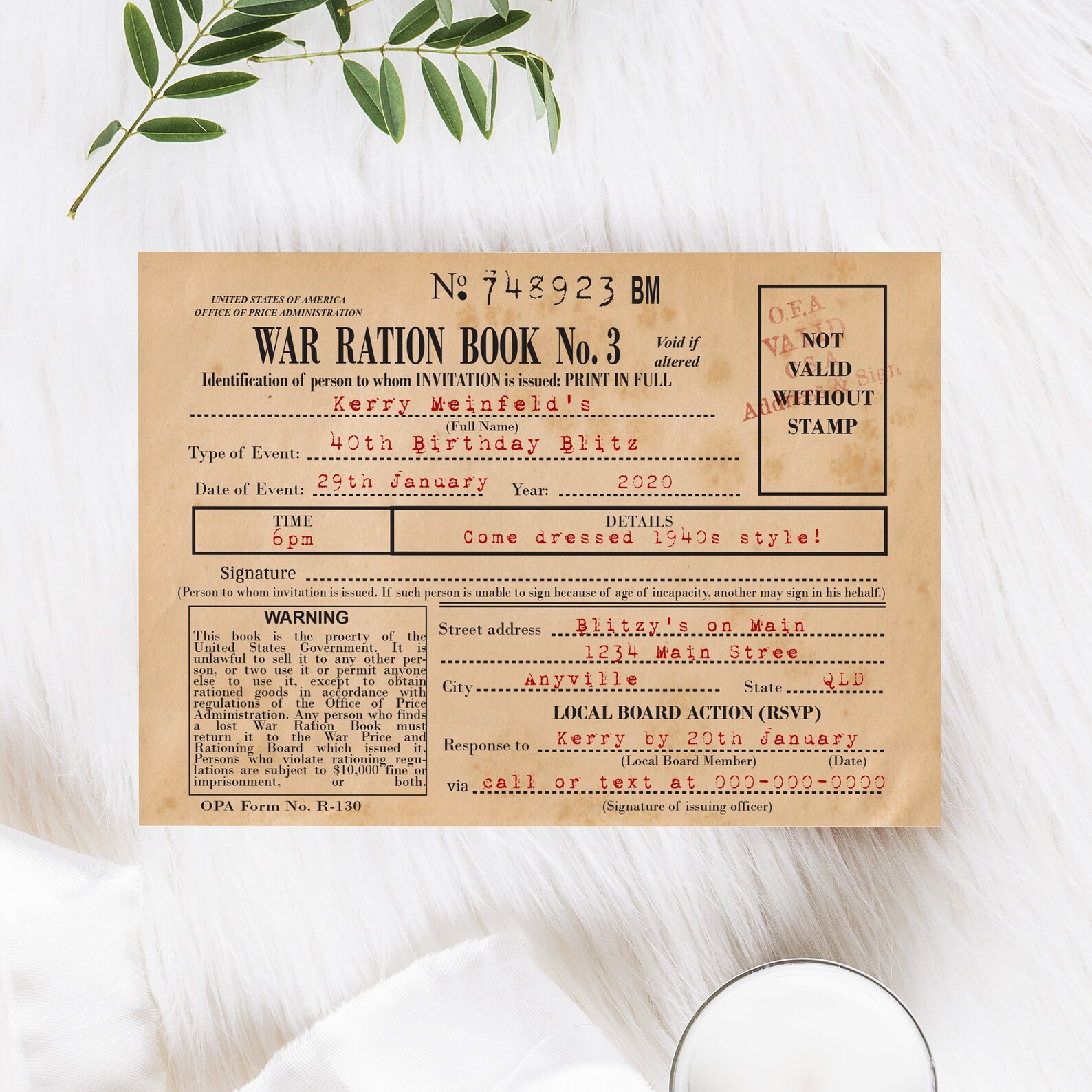 Ration Book Invitation US / American 40th Birthday Party | Etsy