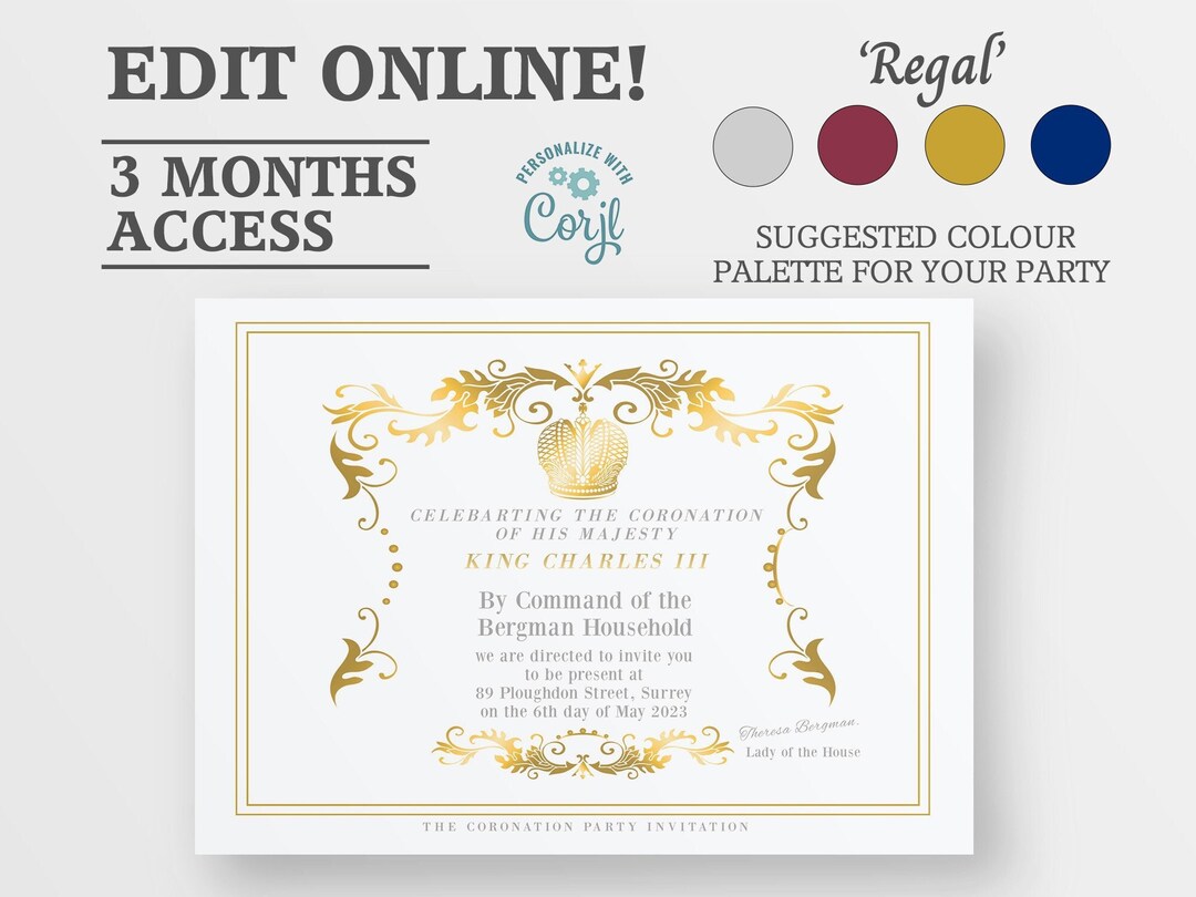 Coronation Day Party Ideas Invitation, Royal Coronation Invite, Regal ...