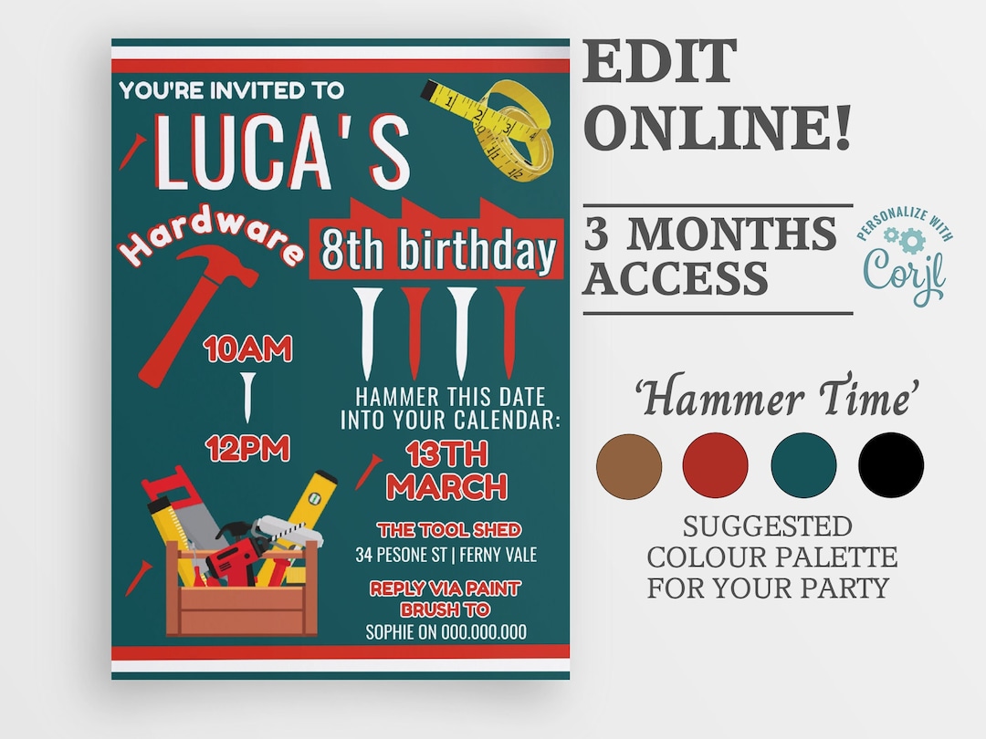Hardware Party Invitation Template, Boys Builder Tools Birthday Invite ...