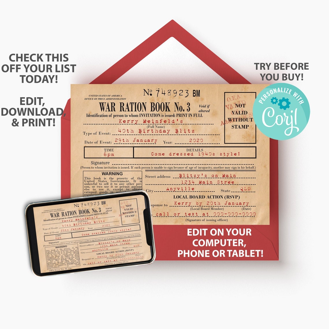 Ration Book Invitation US / American 40th Birthday Party | Etsy