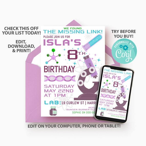 Science Birthday Party Invitation Template, Mad Scientist Invite, Girls ...