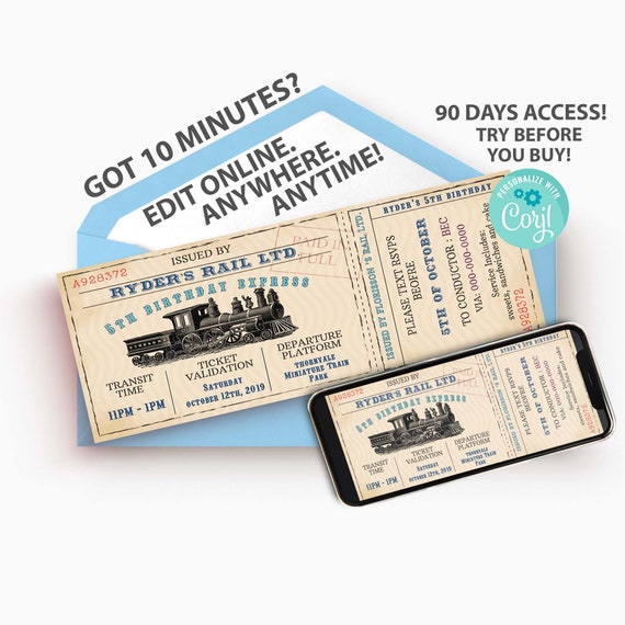 Train Ticket Invitations, Train Birthday Invite Printable, Boys Vintage ...
