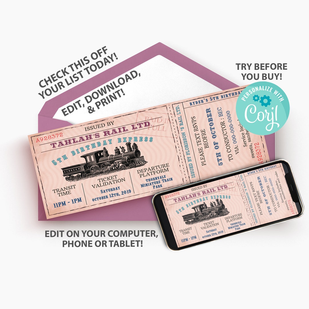 Girl's Train Birthday Party Invitation, Train Ticket Invite, Pink Admit ...