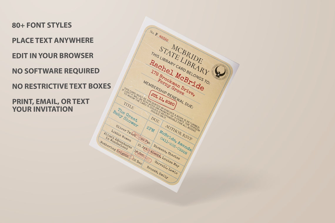 Library Card Invitation Template Library Card Invitation - Etsy