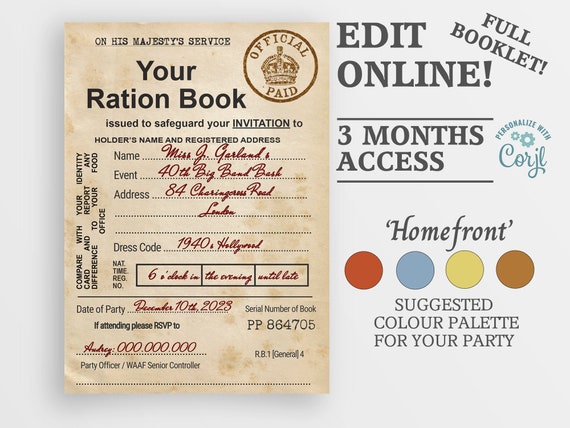 Ration Book Invitation (British), 40th Birthday Party Ideas, 1940s ...