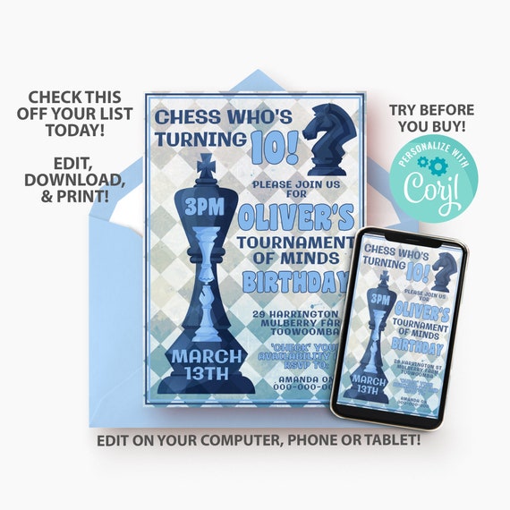 Chess Set Invitation, Blue Chess Board Birthday, Printable Chequerboard ...