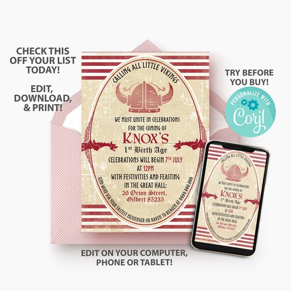 Viking Birthday Invitation Template, Editable Wedding Invite, Girl ...