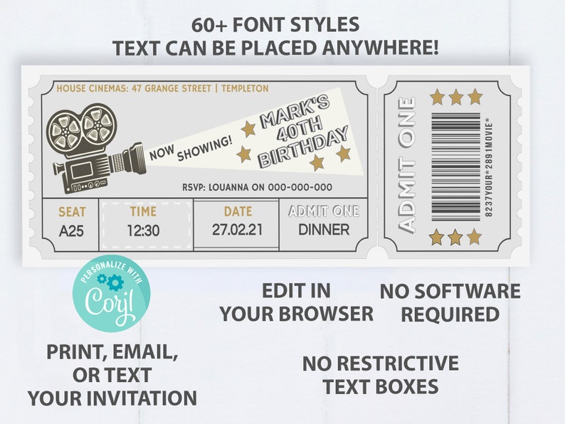 Movie Ticket Invitation Template Printable Cinema Ticket - Etsy