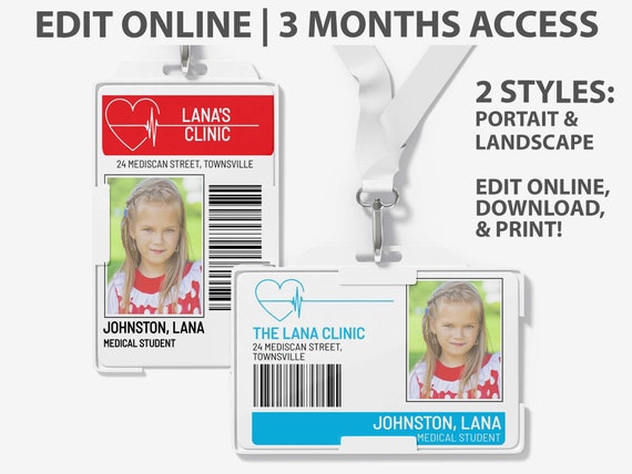 Doctor or Nurse ID Badge, Pretend Doctor Name Badge, Editable Medical ...