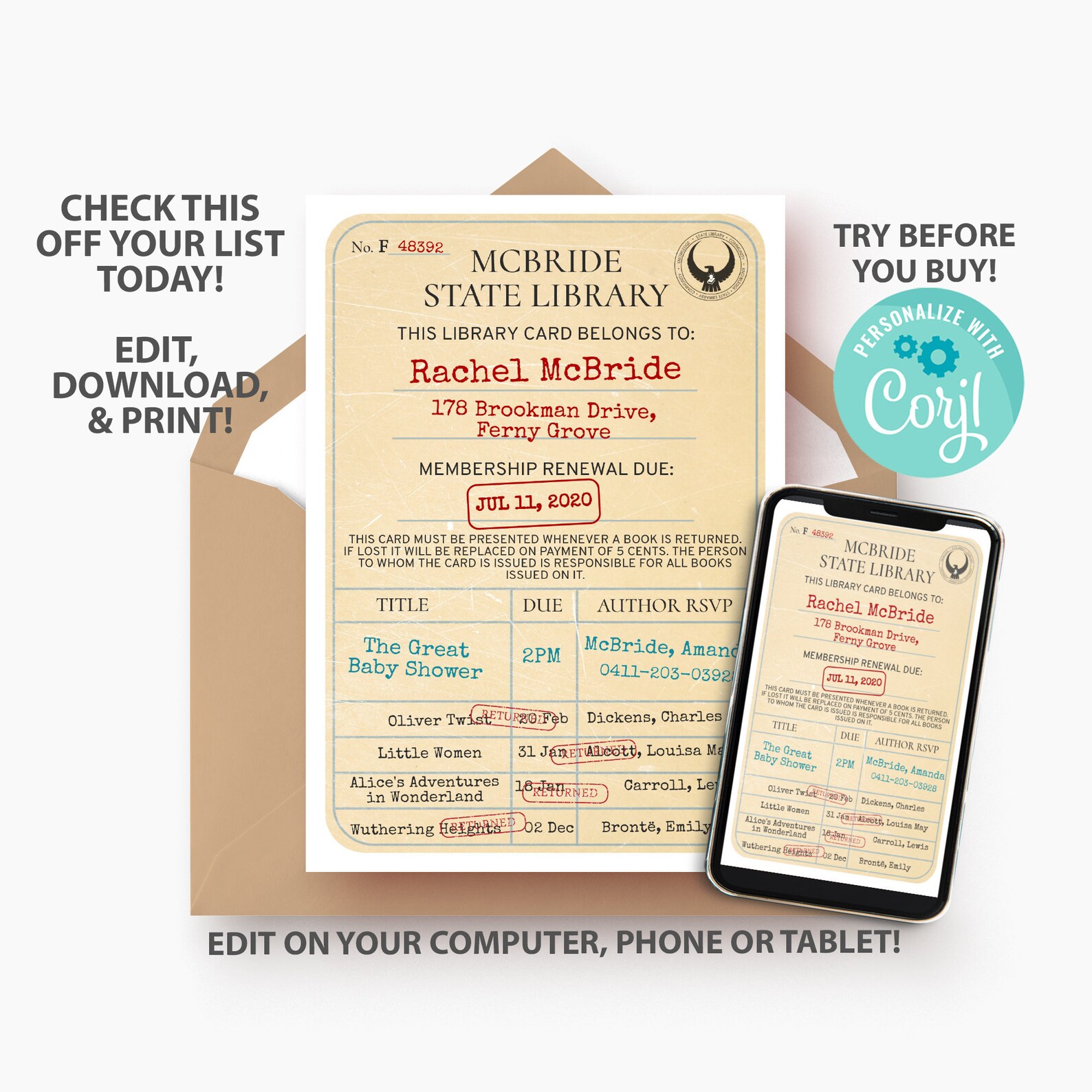 Library Card Invitation Template Library Card Invitation - Etsy