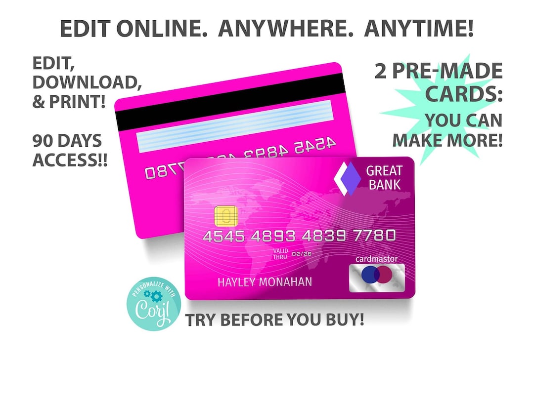 Pretend Novelty Play Shopping Credit Card for Kids, Editable Fake ...