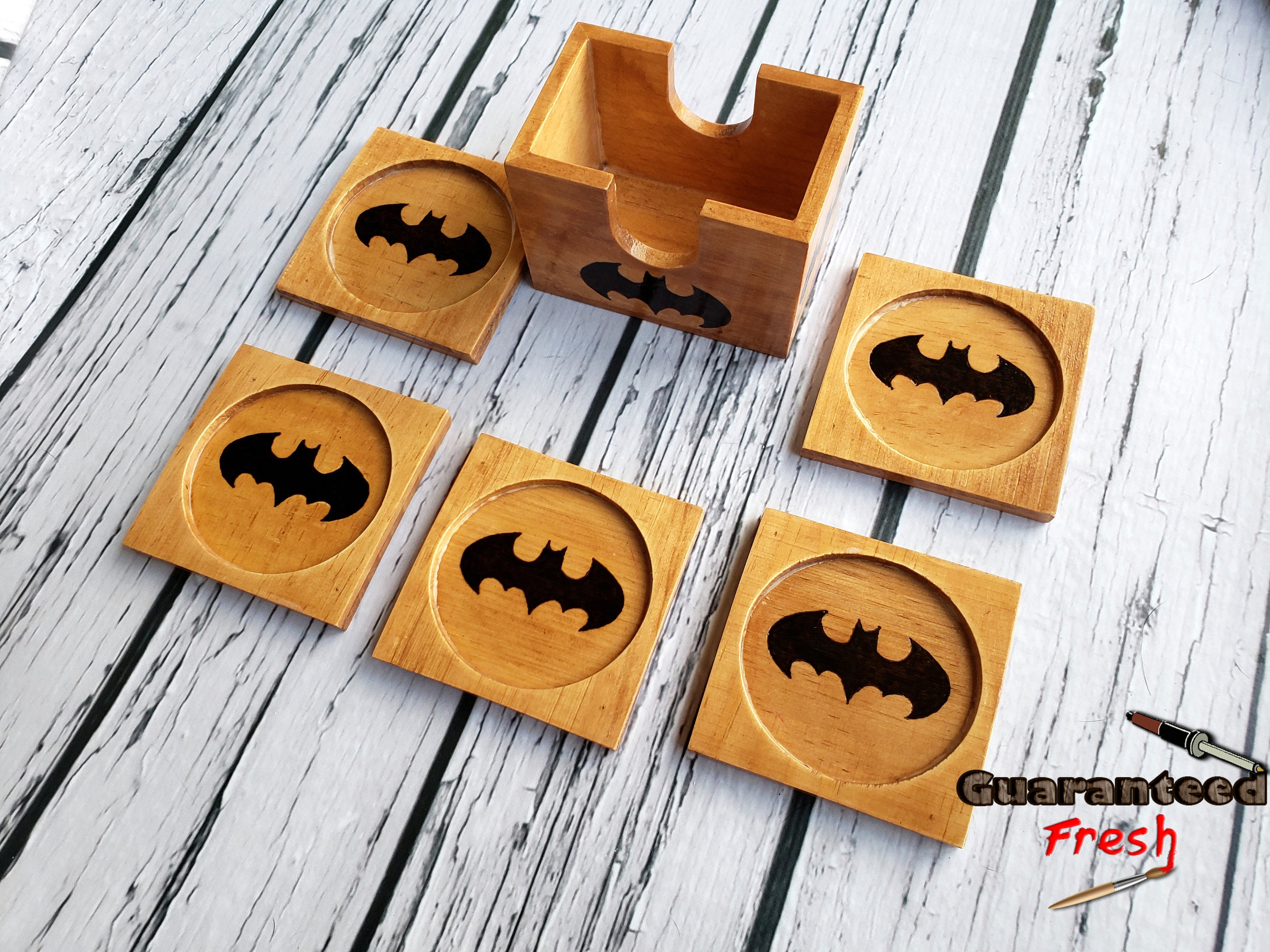 Batman 6 piece wood coaster set with holder wood burned | Etsy