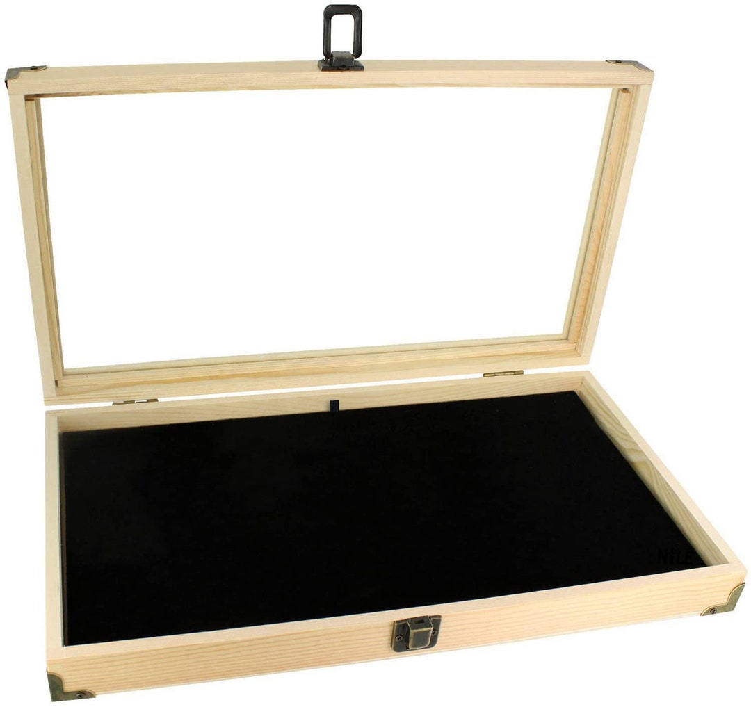 Natural Wood Glass Top Lid Black Pad Box Case Medals Awards Jewelry ...