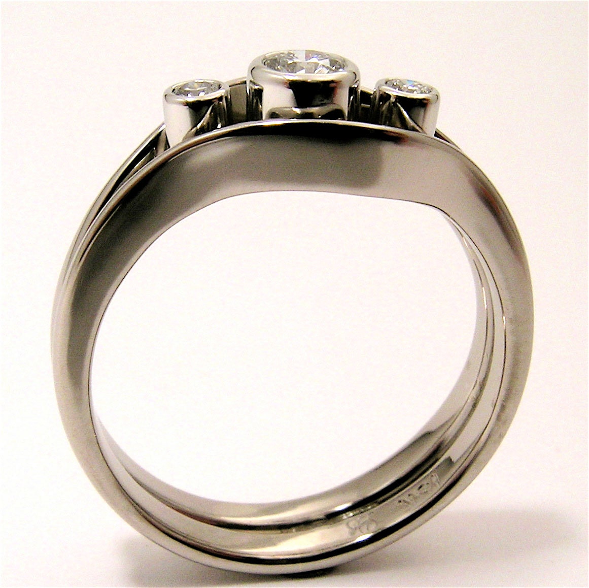 Unique OOAK 3 Stone Bezel Set Canadian Diamond 18k White Gold Double ...