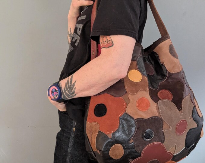 Leather and Suede Floral Patchwork Bag, Upcycled and OOAK, Slouchy Boho ...