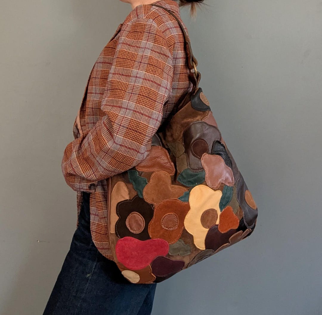 Retro, Slouchy Leather and Suede Floral Patchwork Bag, Upcycled and ...