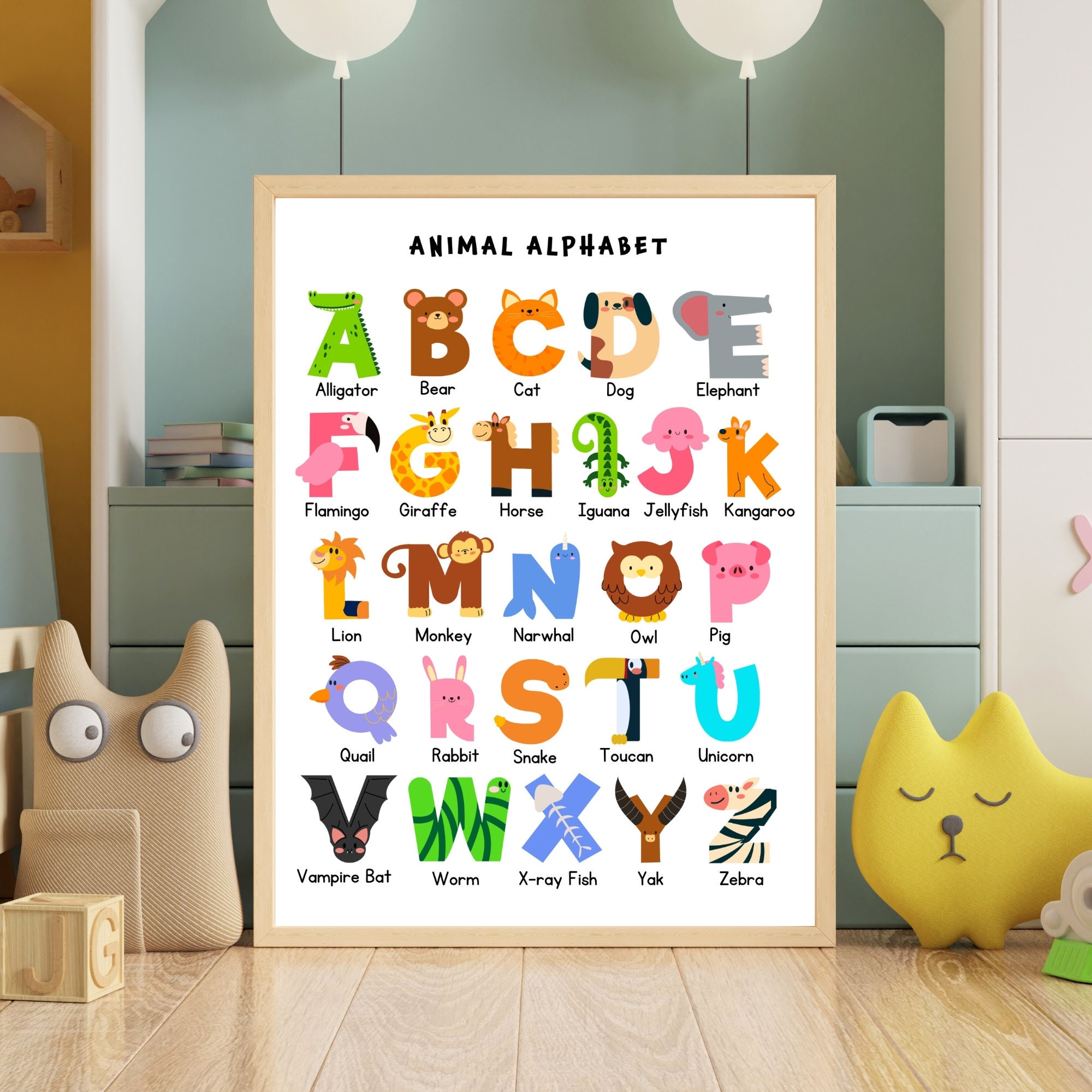 Cute Animal Alphabet Poster, Animal Alphabet Wall Art, Animal Alphabet ...