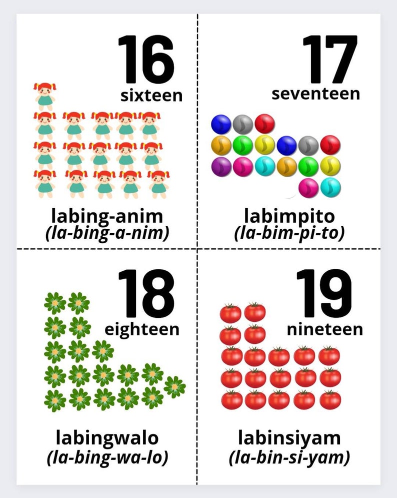 English-filipino Numbers/printable 1-20 Numbers Flashcards/numbers 1-20 ...