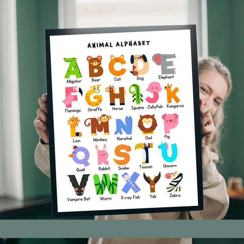 Cute Animal Alphabet Poster, Animal Alphabet Wall Art, Animal Alphabet ...