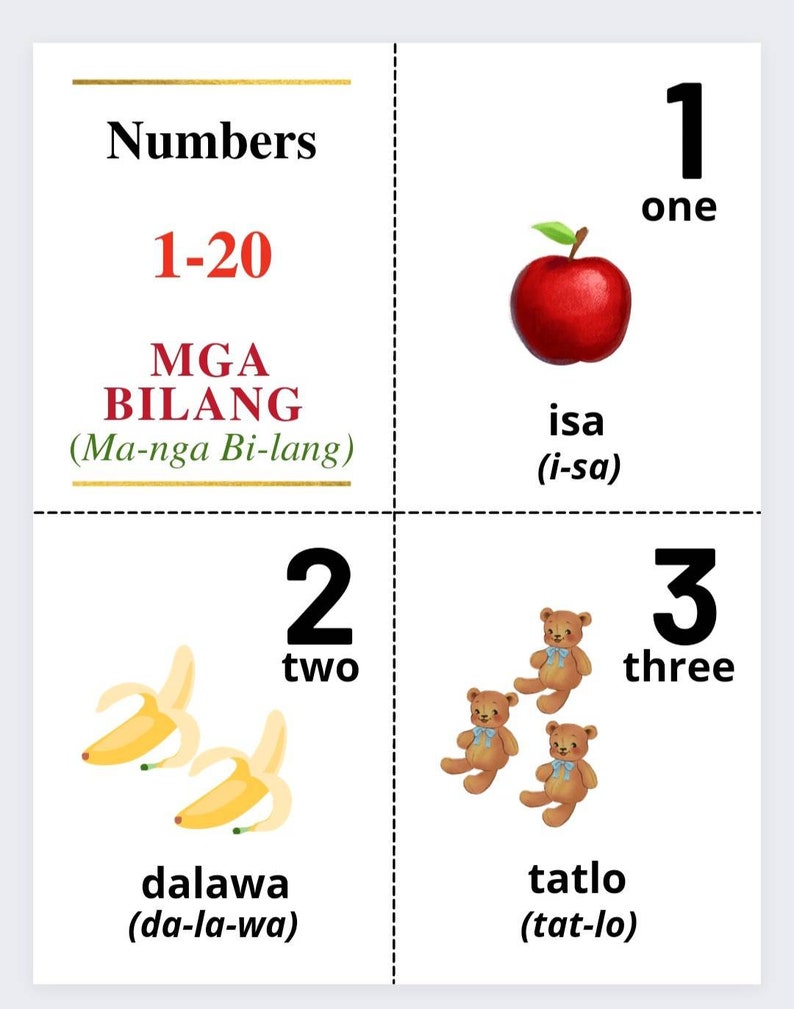 English-filipino Numbers/printable 1-20 Numbers Flashcards/numbers 1-20 ...
