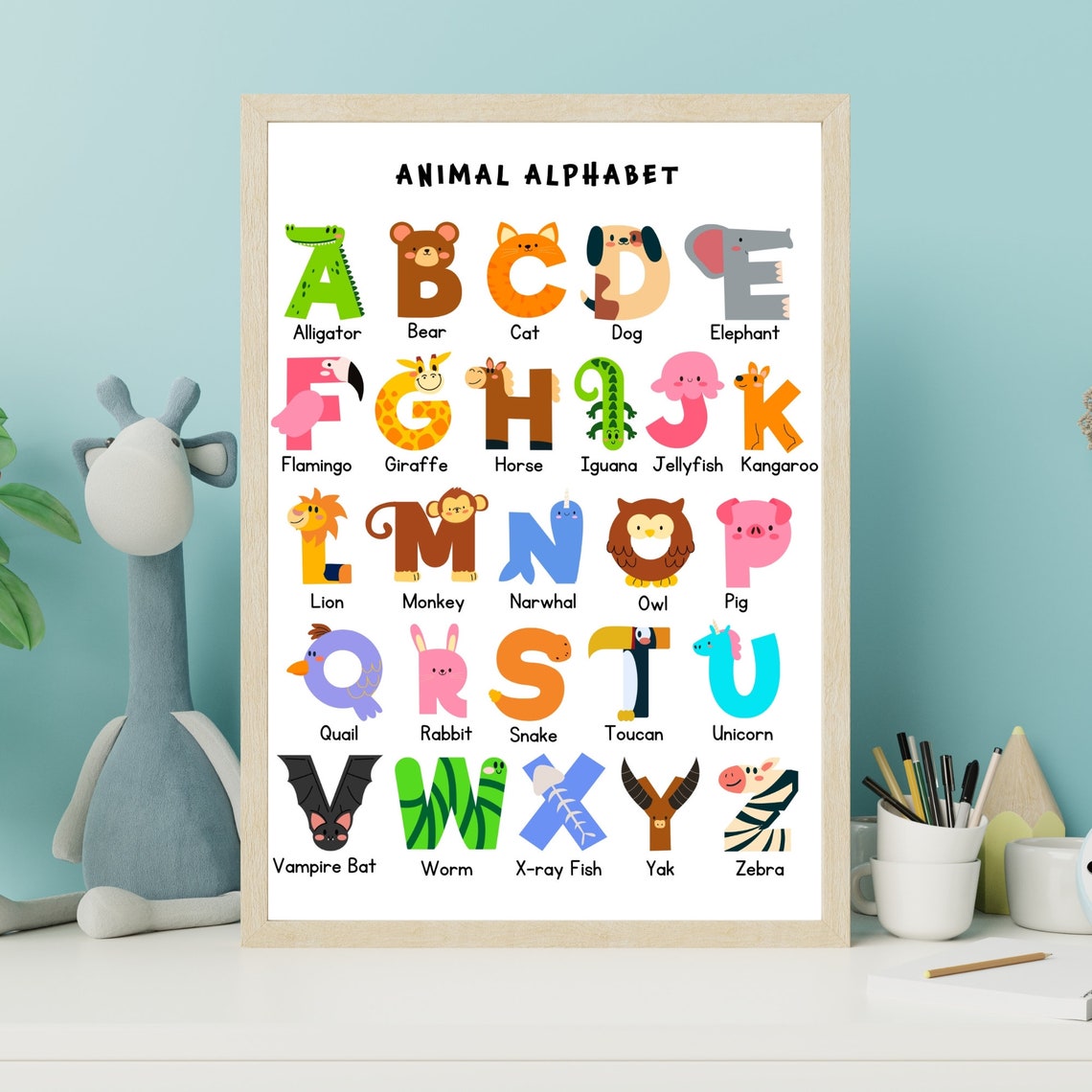 Cute Animal Alphabet Poster, Animal Alphabet Wall Art, Animal Alphabet ...
