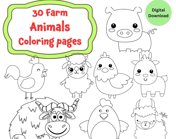 30 Kawaii Farm Animals Coloring Pages for Kids & Adults, Cute Barnyard ...