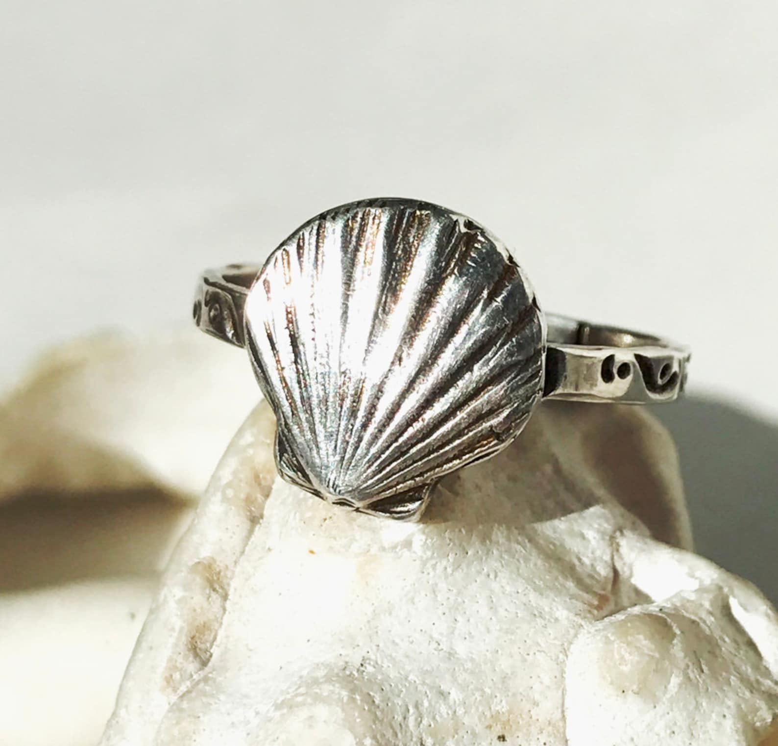 Personalized Recycled Fine Silver Seashell Ring With Swirl Stamped ...