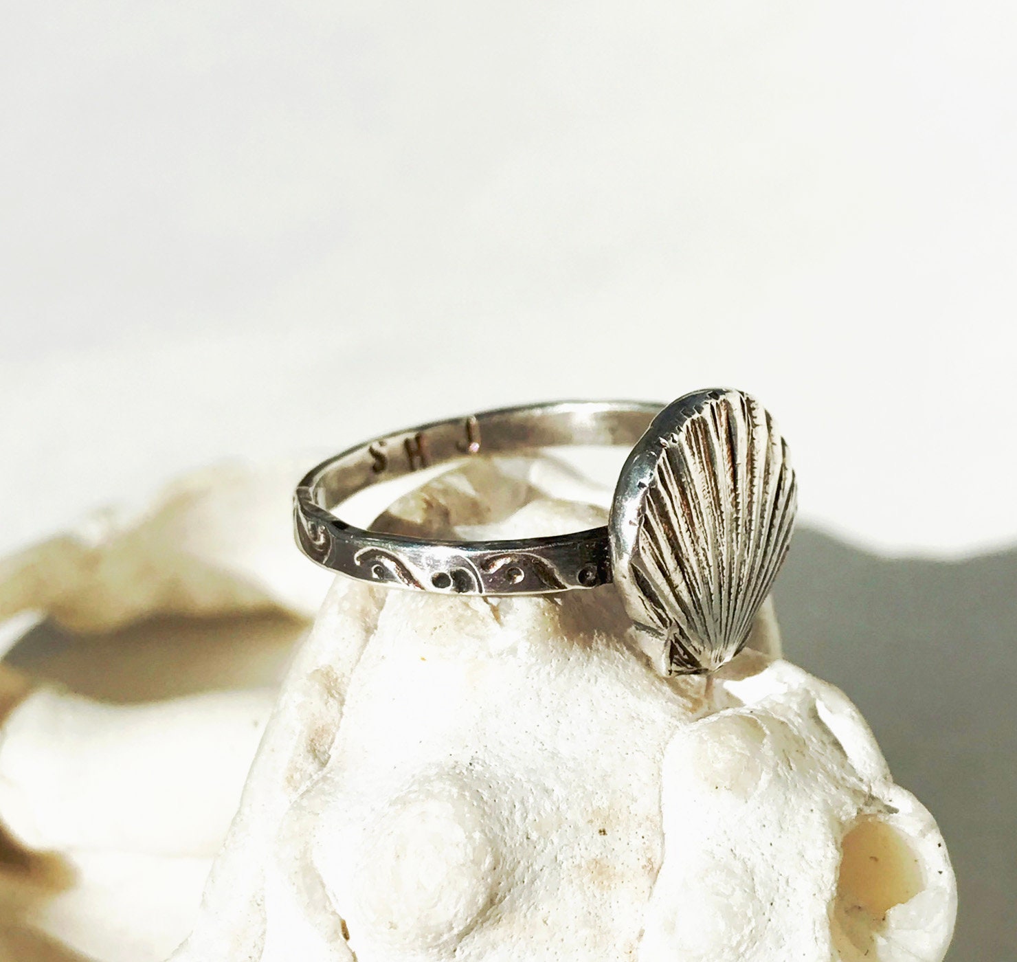 Personalized Recycled Fine Silver Seashell Ring With Swirl Stamped ...