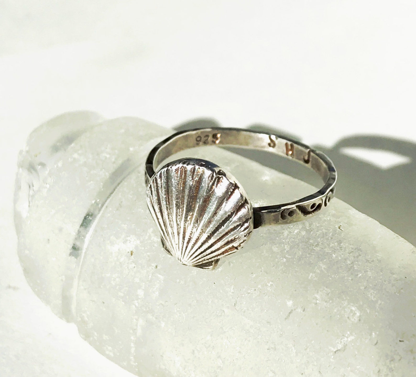 Personalized Recycled Fine Silver Seashell Ring With Swirl Stamped ...