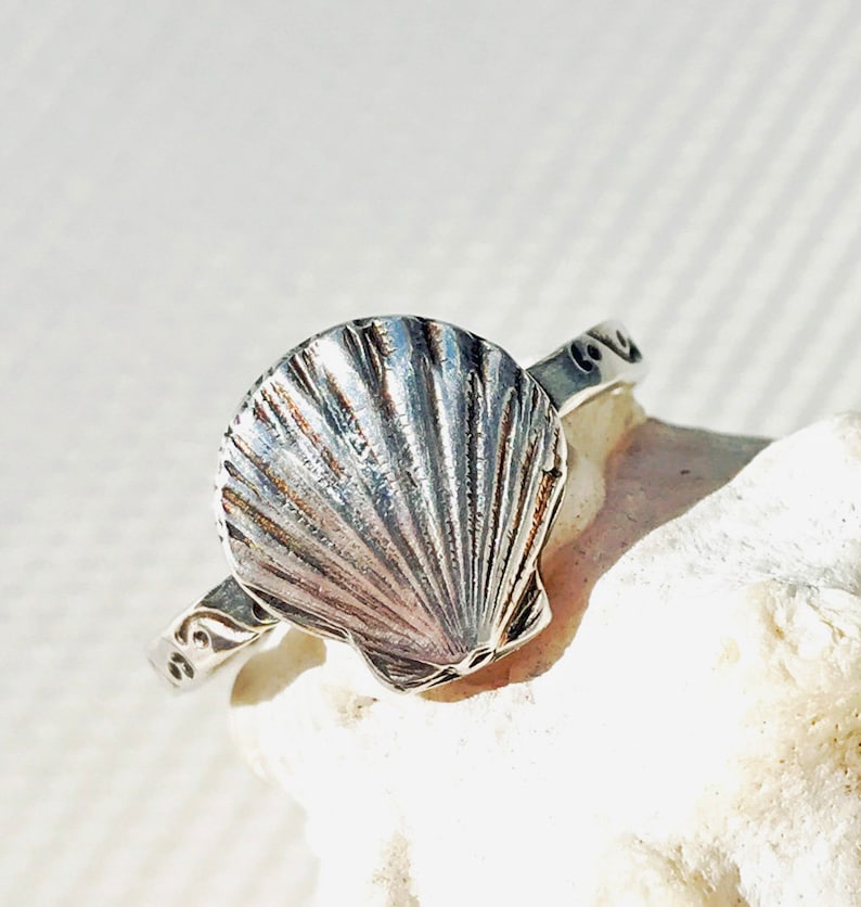 Personalized Recycled Fine Silver Seashell Ring With Swirl Stamped ...