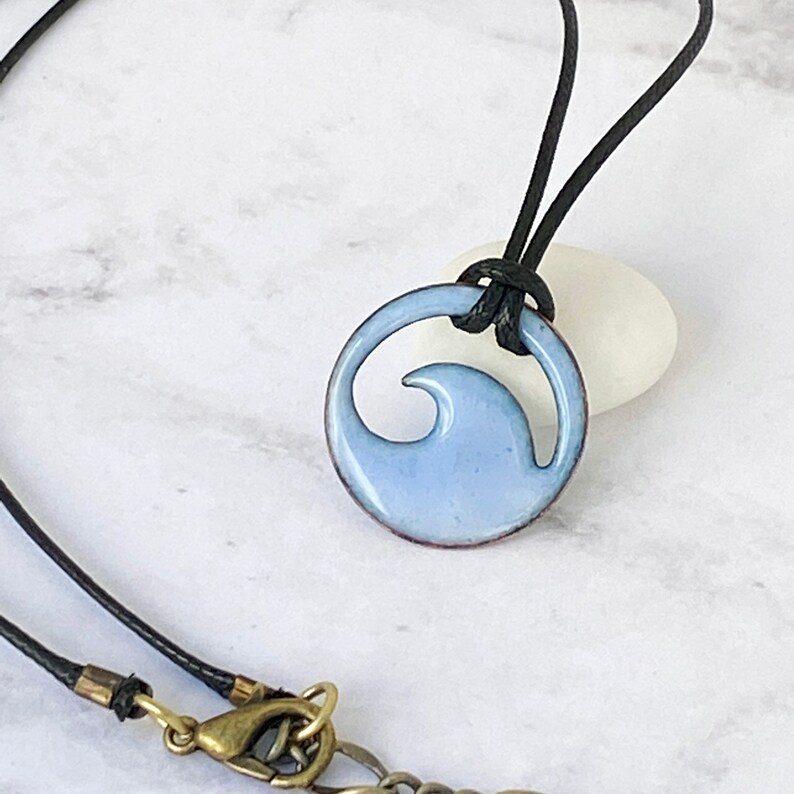 Light Blue Enamel Mini Wave Necklace With Black Cord, Personalization ...