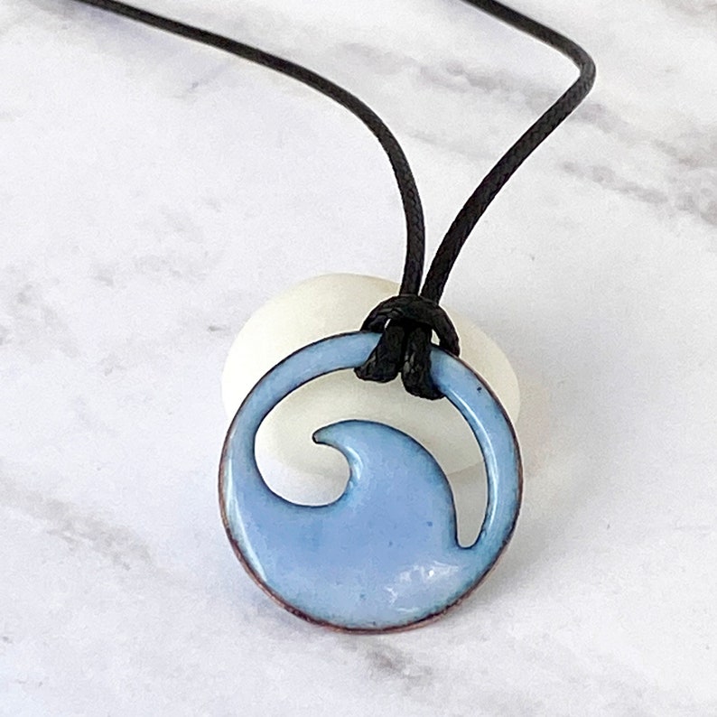 Light Blue Enamel Mini Wave Necklace With Black Cord, Personalization ...