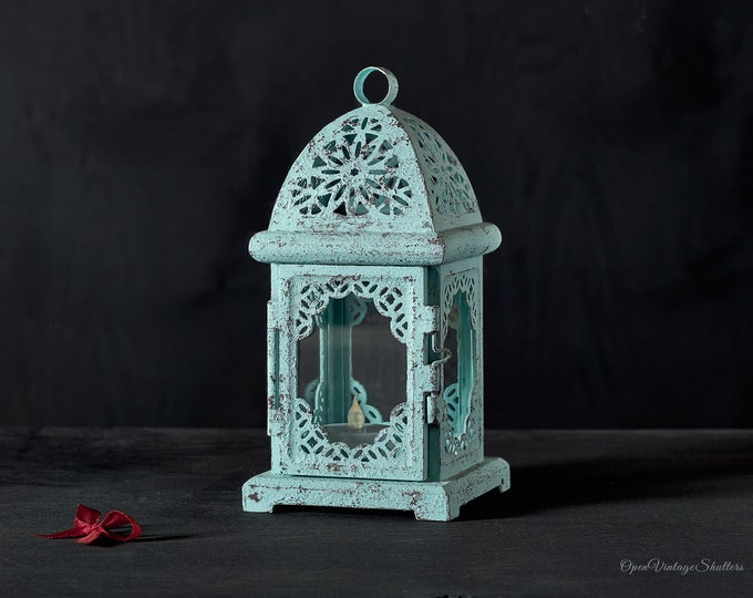 18" Tall Decorative Wooden Lantern Blue Lantern Beach Cottage Lantern ...