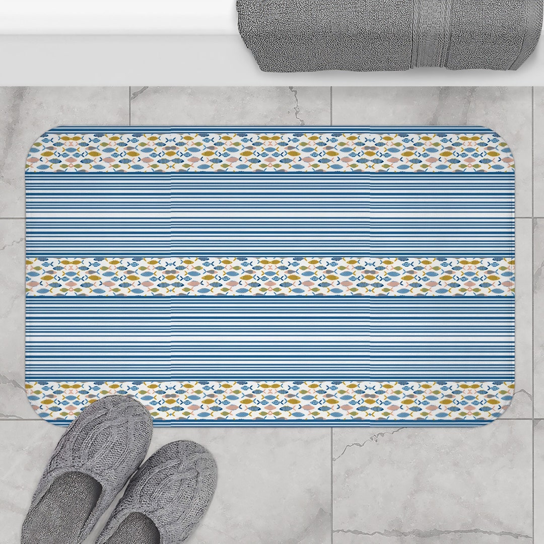 Fisherman Aesthetic Bath Mat Sardines Nautical Stripes Bathroom Mat ...