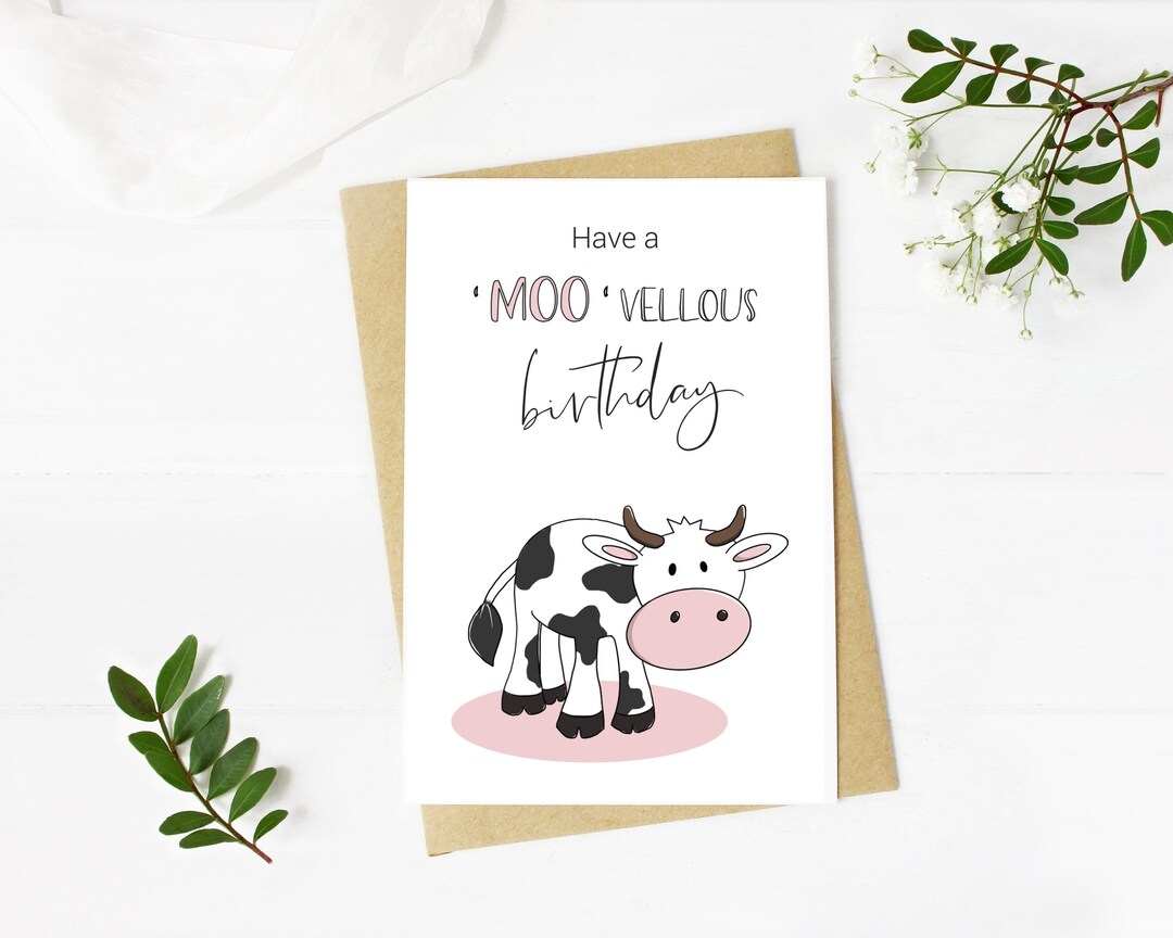 Cute Cow Birthday Card • Happy Birthday Greeting Card • Animal Pun Card ...