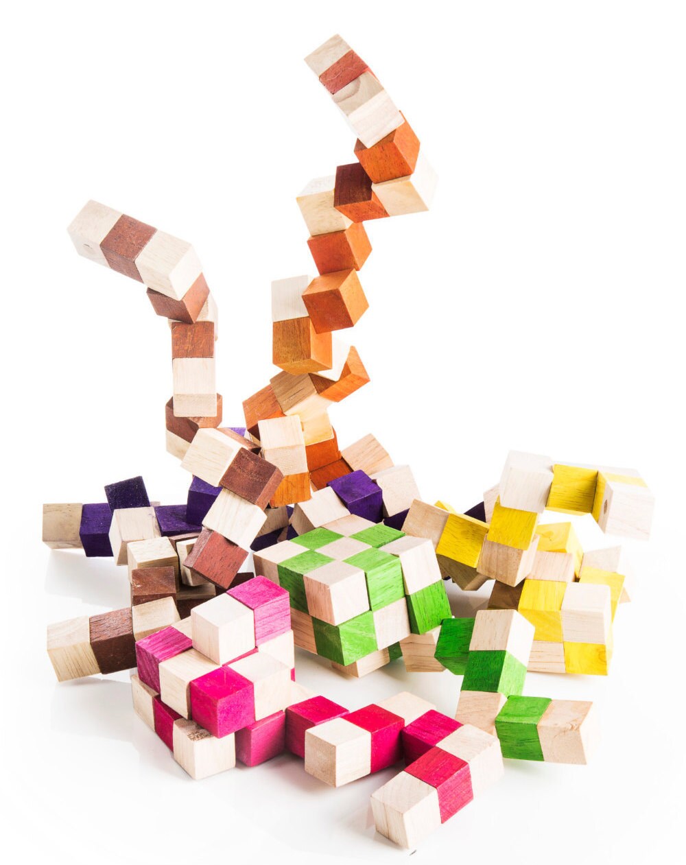6 Snake Cube Set - Multiple Configurations - Wooden Brain Teaser Puzzle ...