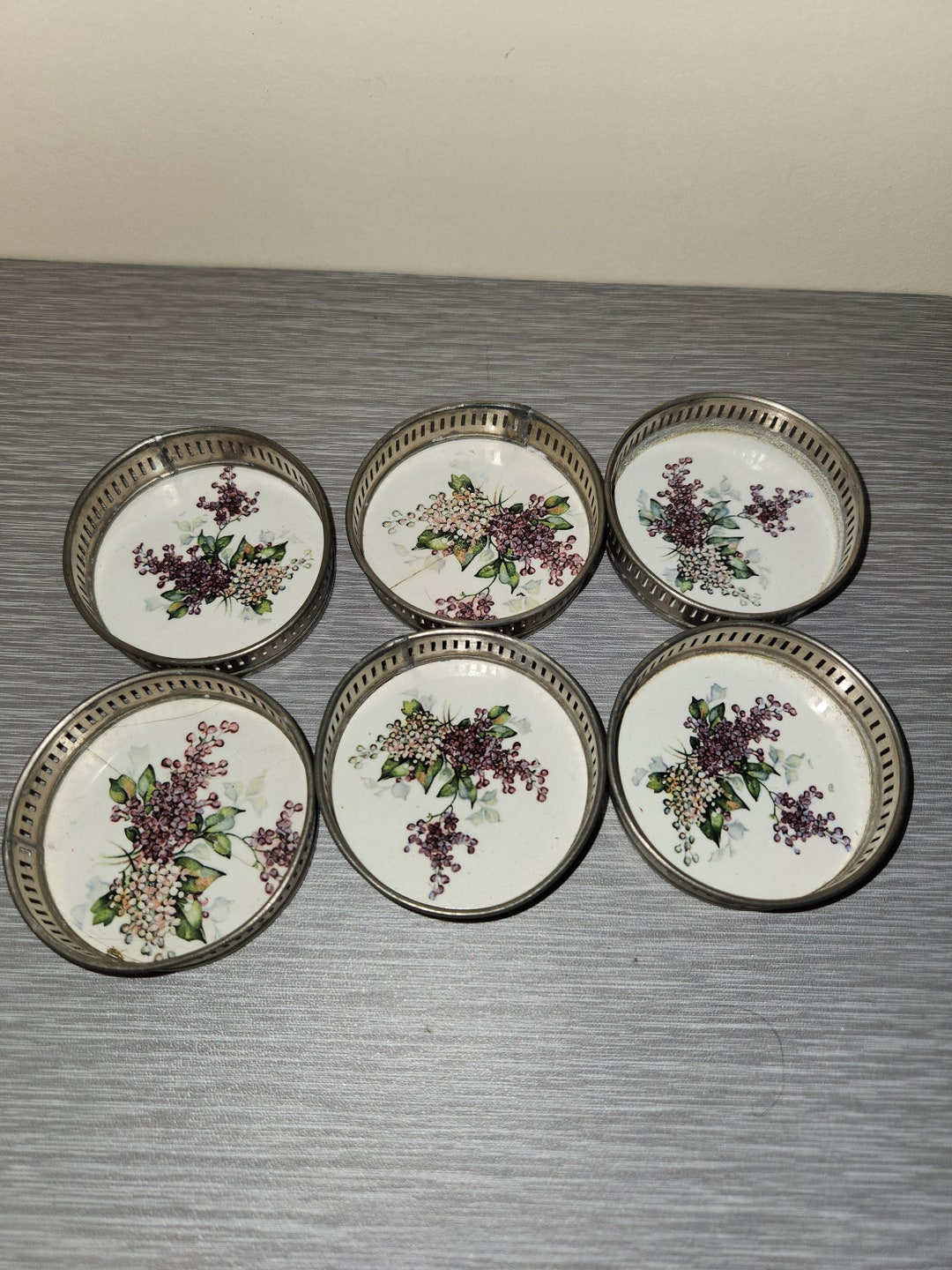 Antique Coasters. Set of 6 Purple Flowers. - Etsy