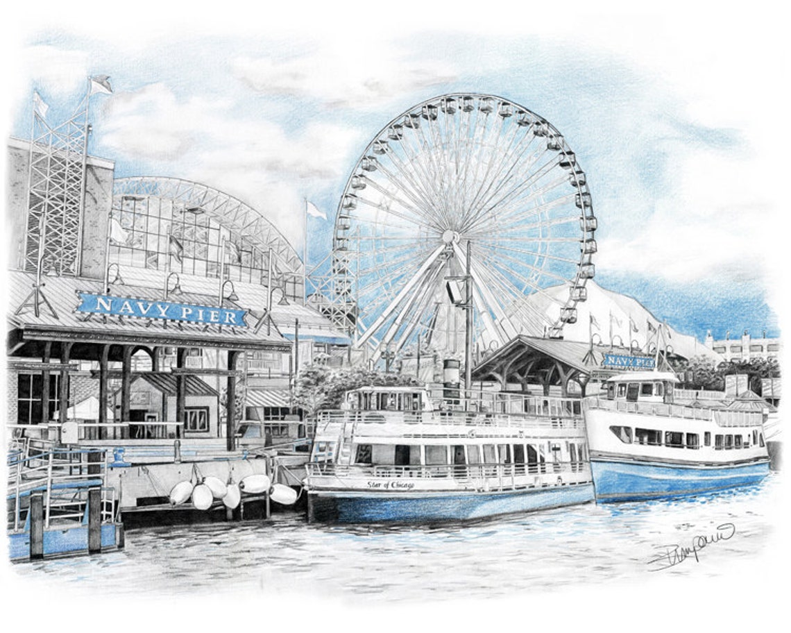 Chicago Navy Pier Pencil Drawing - 11x14" - Etsy