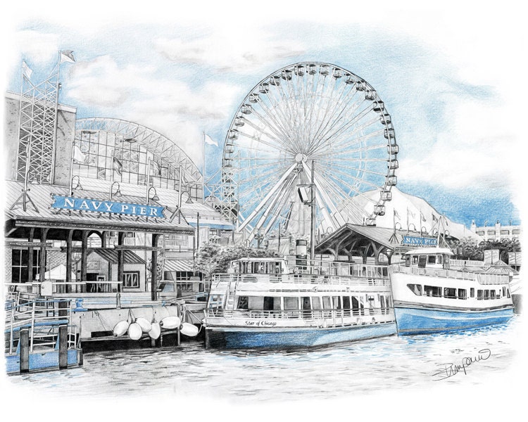Chicago Navy Pier Pencil Drawing - 11x14" - Etsy