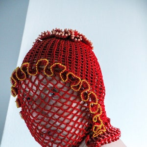 Red Lace Hood Crochet Balaclava Mask Full Face Covering Net Bead ...