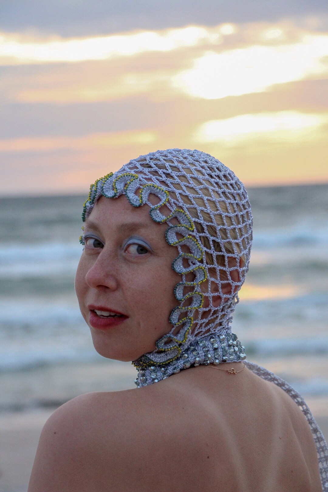 Silver Crochet Hair Snood Hat With Ruffle Forehead and Long String - Etsy