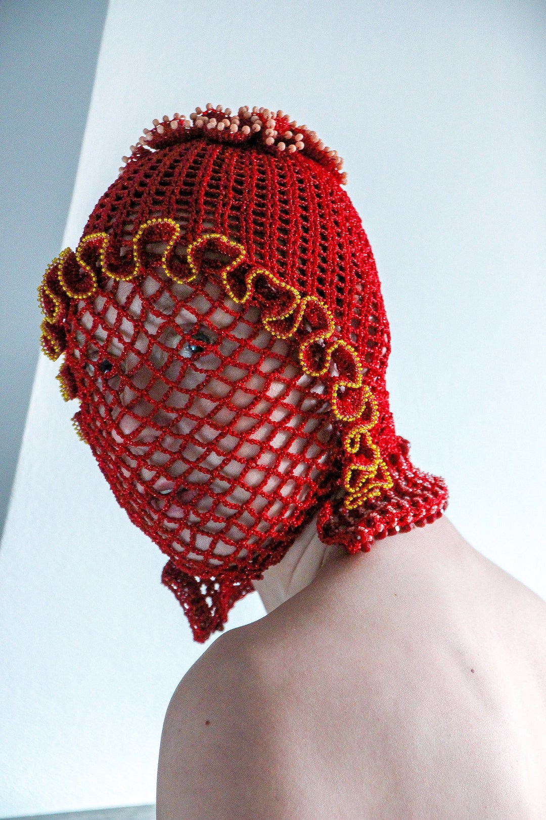 Red Lace Hood Crochet Balaclava Mask Full Face Covering Net Bead ...