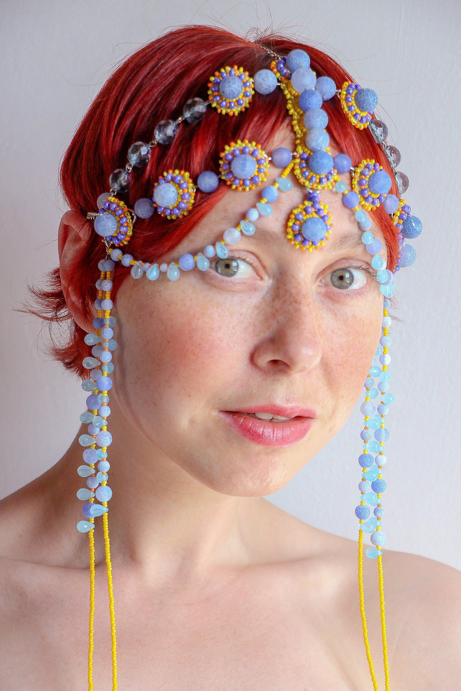 Blue Yellow Hair Jewelry Forehead Headpiece Made of Agate - Etsy
