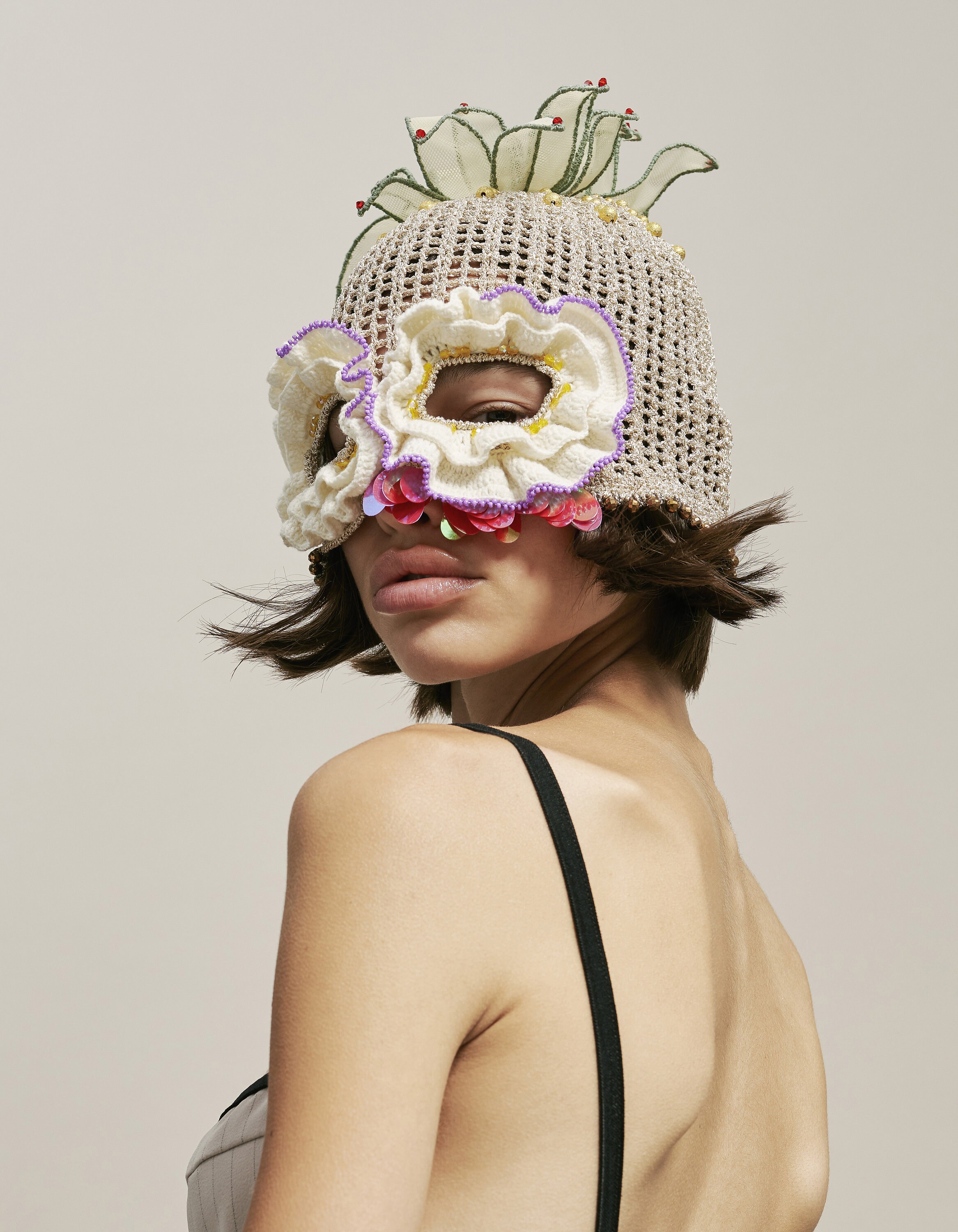 Crochet Balaclava Mask Wearable Art Headwear Headpiece Gold Lace Beaded ...